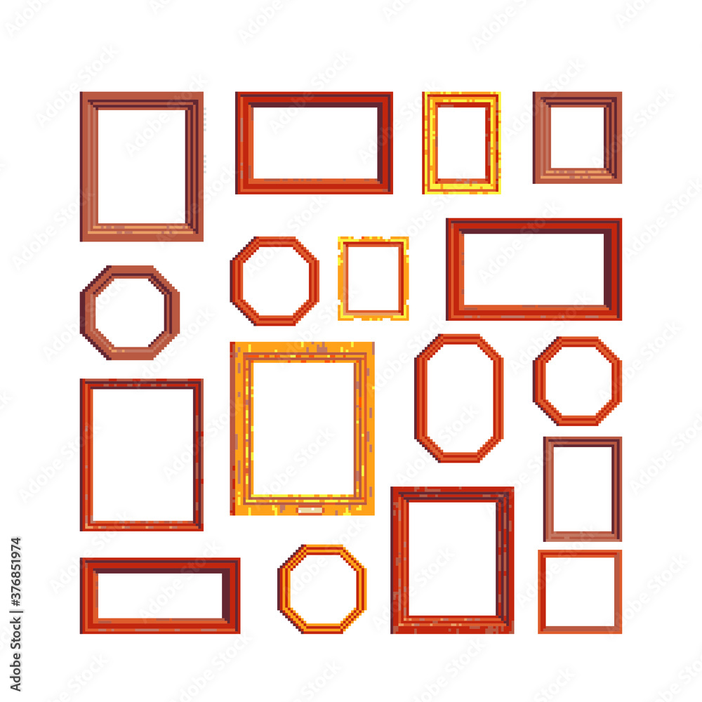 Frames. Set of gallery picture frames. Wooden and gold baguette. Pixel ...