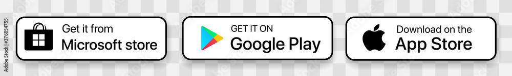 Buttons Apple App Store, Google Play Store, Microsoft store. Mobile app ...