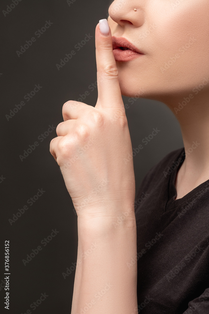 Shush gesture. Female secret. Woman showing shhh with finger on lips ...