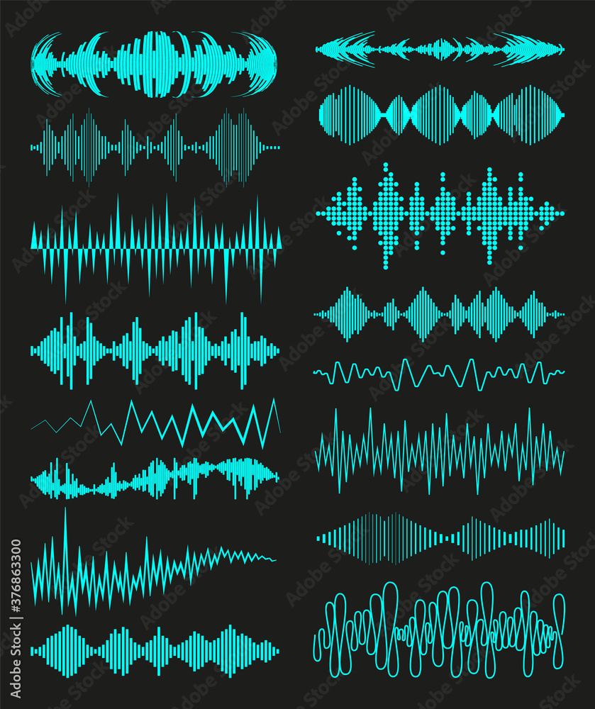 Big collection with music waves logo and audio symbols on black ...