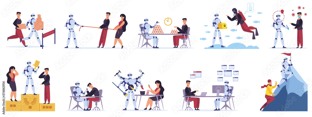 Human versus robot. Artificial intelligence competing person, robot vs ...