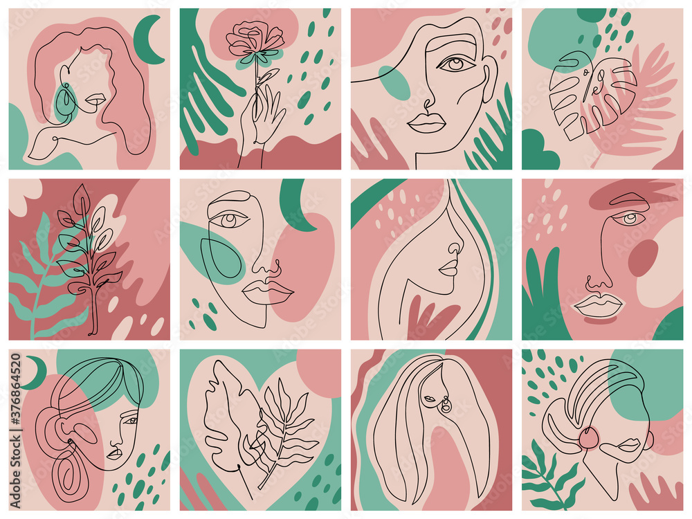 Abstract feminine sketch. Modern hand drawn woman face, outline fashion ...