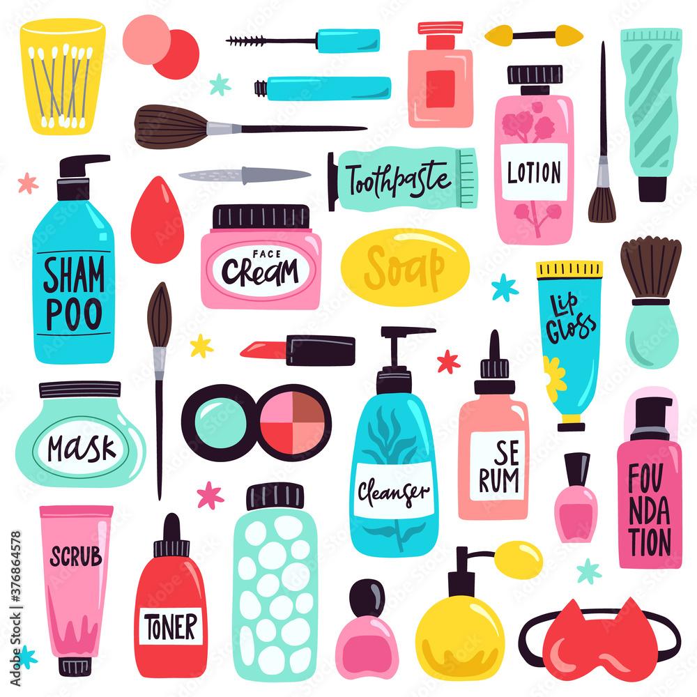 Makeup skincare elements. Cosmetics products, doodle visage tools ...