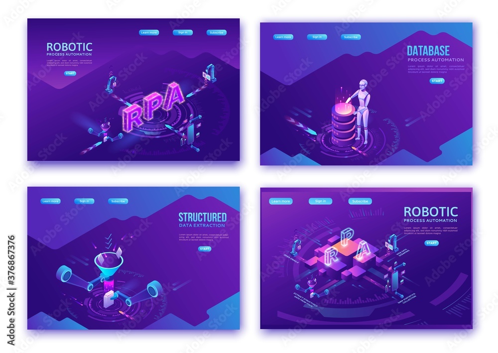 Robotic process automation landing page template with robots working ...