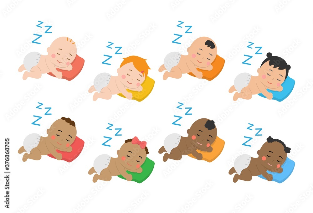 Cute baby daily illustration set, different races with skin color ...