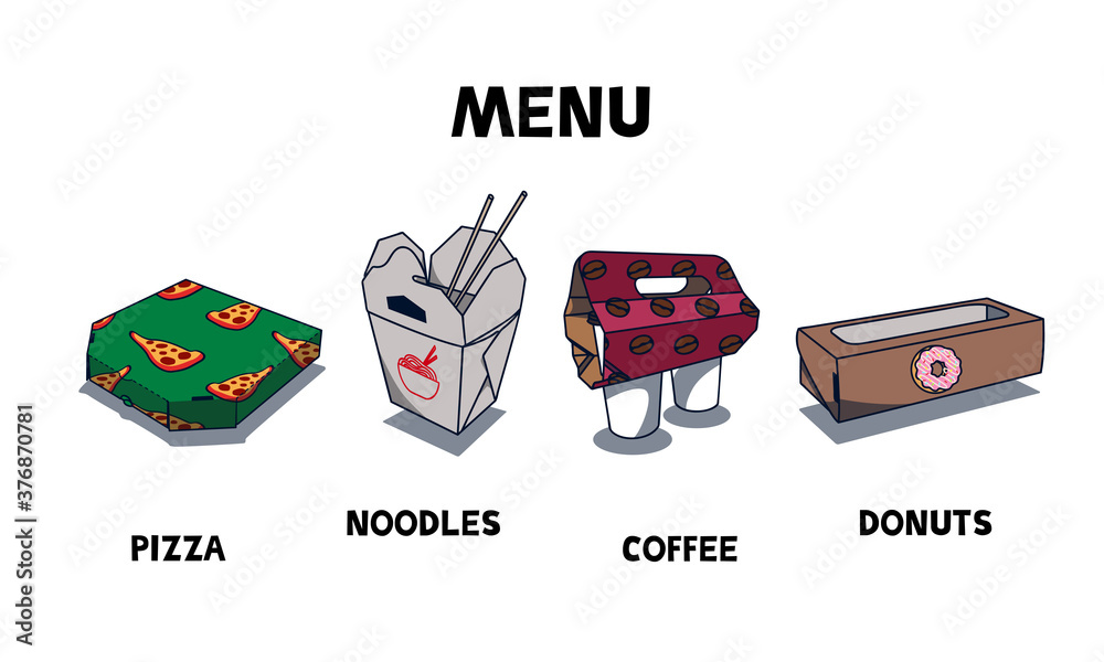 Icons of boxes for fast food delivery. Takeaway food menu. Fast and ...