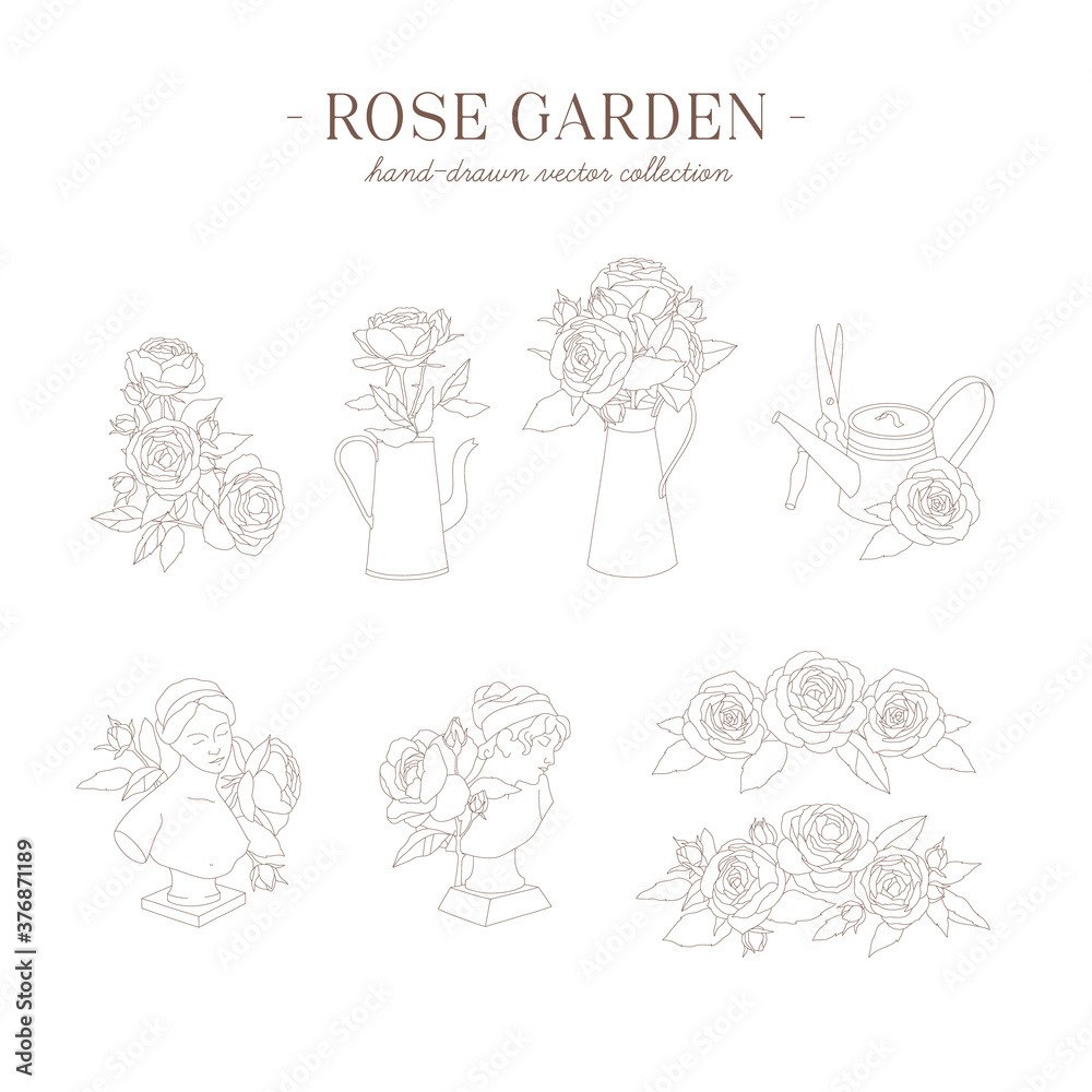 Rose Garden themed vector clipart. Hand drawn line art. Isolated on ...