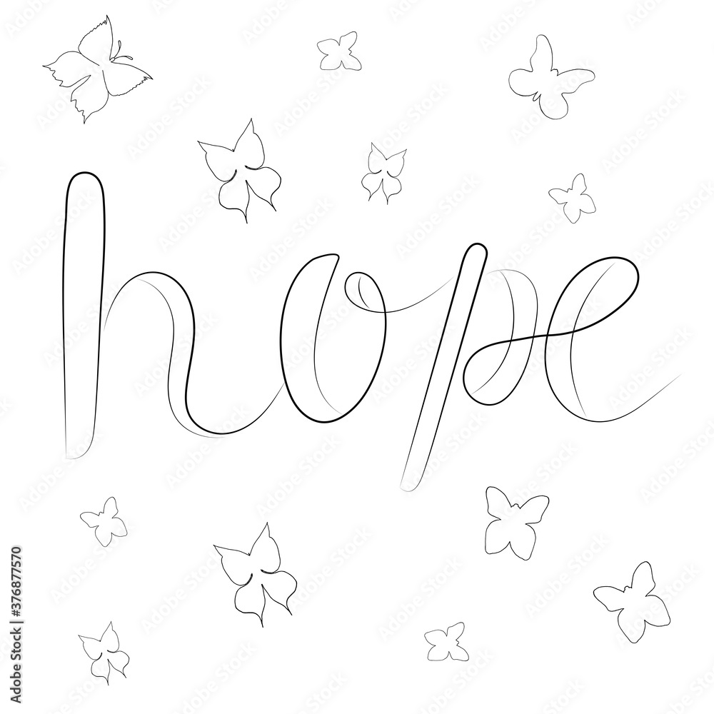 lettering hope with butterflies, breast cancer fight, contour, print ...