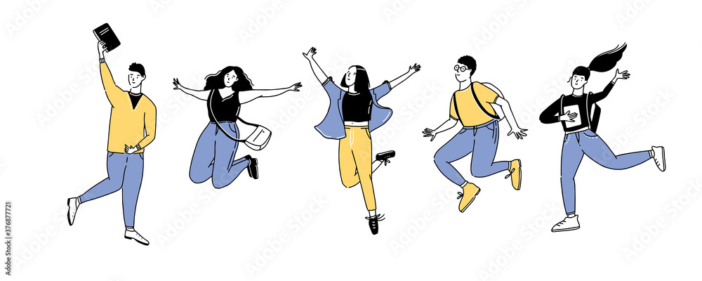 Happy jumping students. Group of cheerful young men and women with ...
