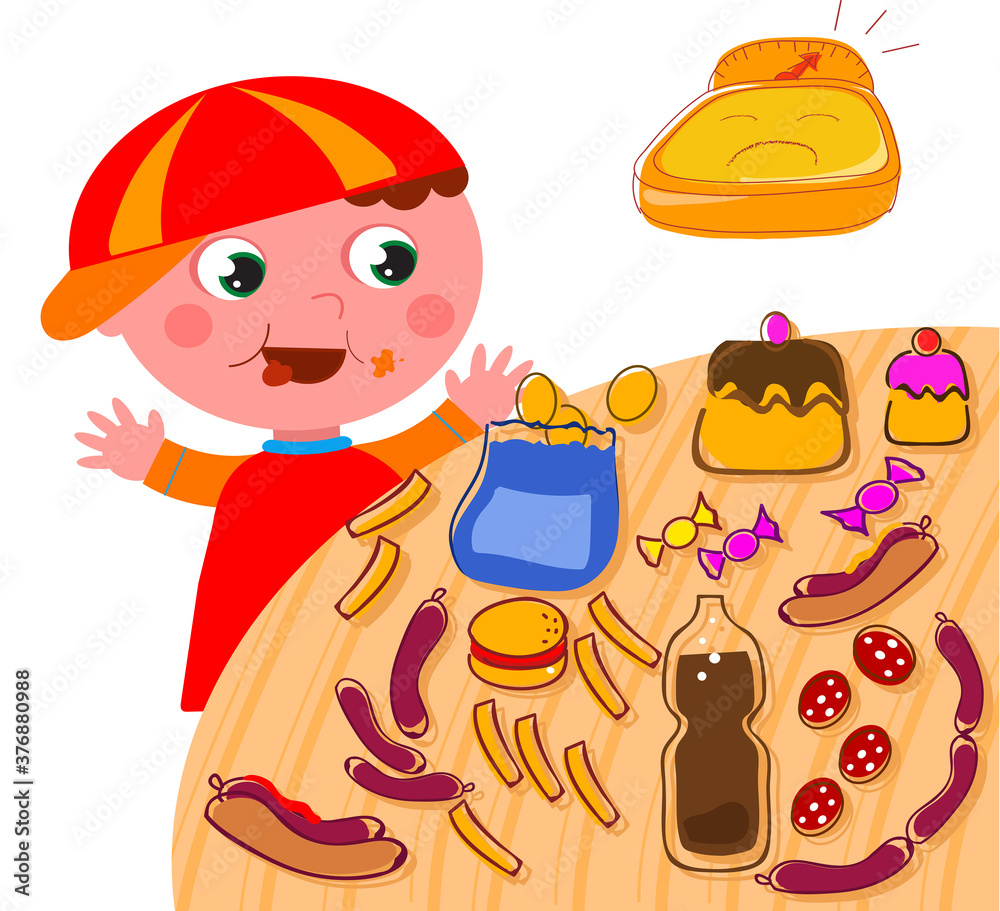 Greedy obese child and table full of bad junk food, cartoon vector ...