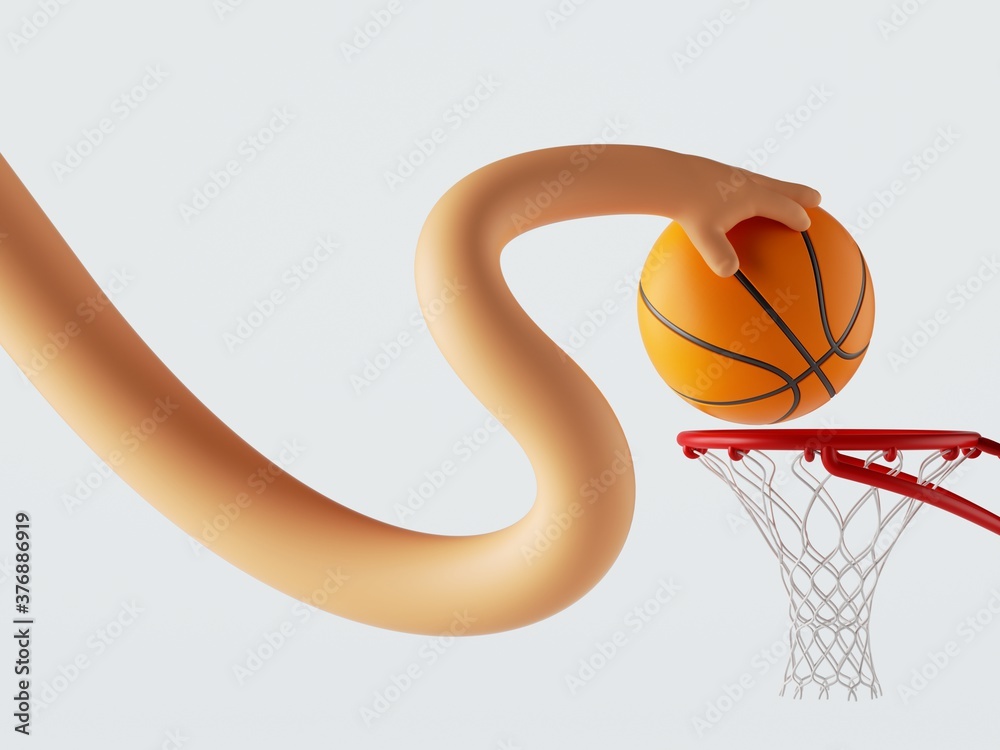 3d render, cartoon character flexible hand holds ball above basket ...