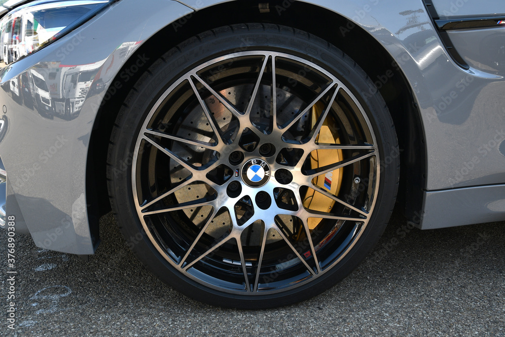 Mugello, Scarperia - July 2019: Logo of the "BMW" brand on the alloy ...