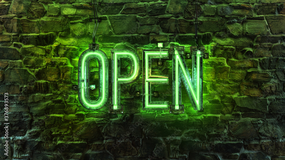 OPEN neon sign light billboard in night time. Glowing green neon ...