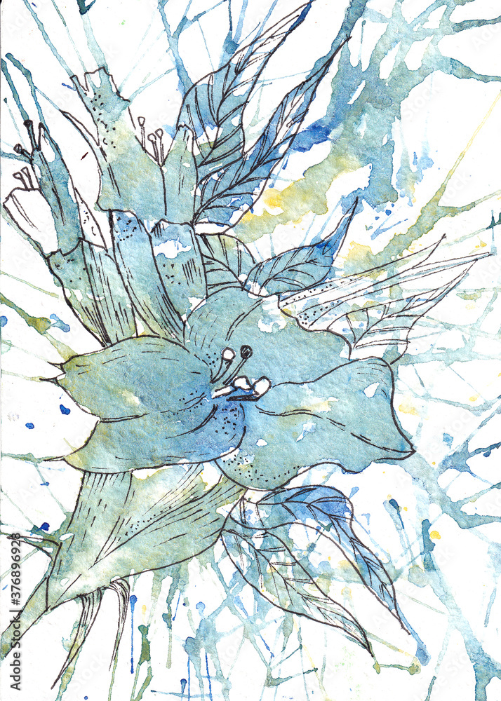 Watercolor background - green and blue colors, paint blurred c ...