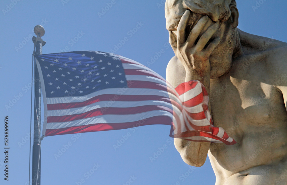 Facepalm statue with a semi-transparent American flag layered over it ...