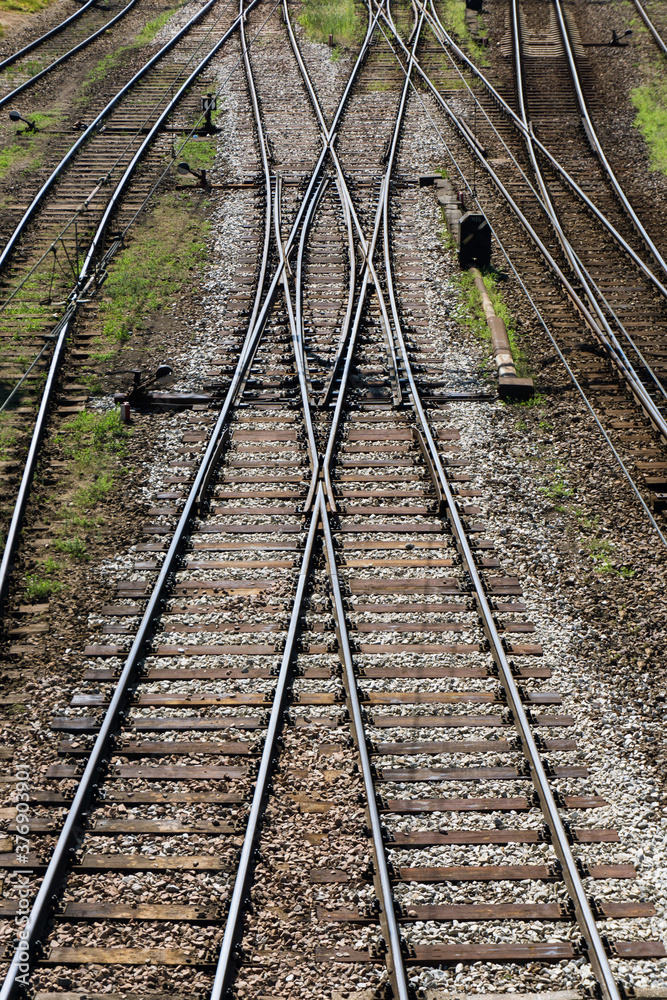 Railway top view background. Train transport industry. Vertical rail ...