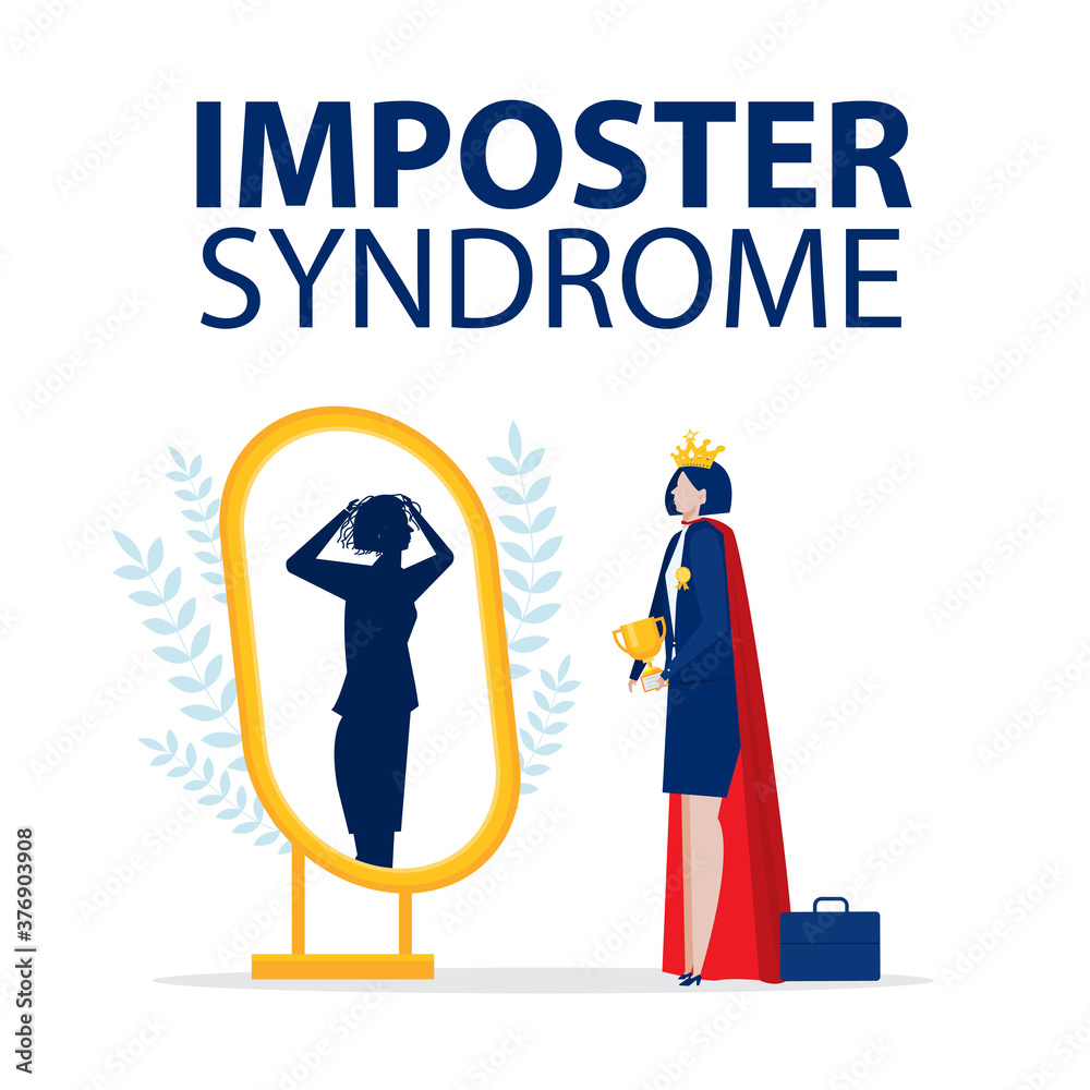 Imposter syndrome.business woman get award standing with mirror and ...