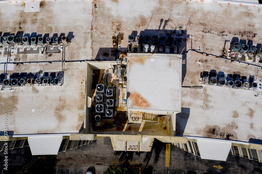 Aerial photo overhead shot HVAC rooftop compressor units inspection ...