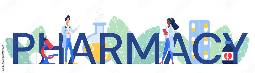 Pharmacy word vector illustration. Cartoon flat pharmaceutical medical ...