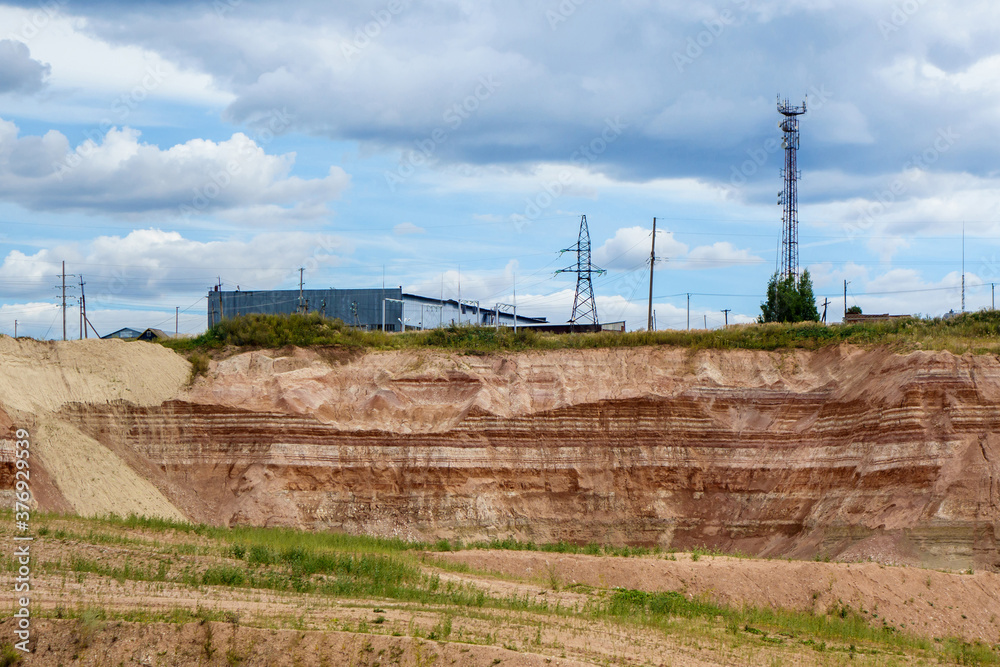 Panorama of working site in open pit mine. It can be seen underground ...