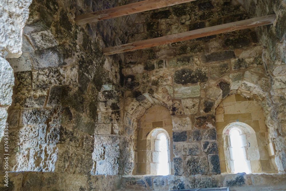Interior of war tower in medieval fortress Kizkalesi. There are ...
