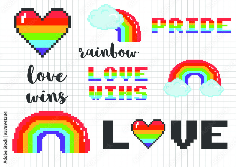 Pixel art 8bit LGBT pride rainbow color elements and phrases. Vector ...