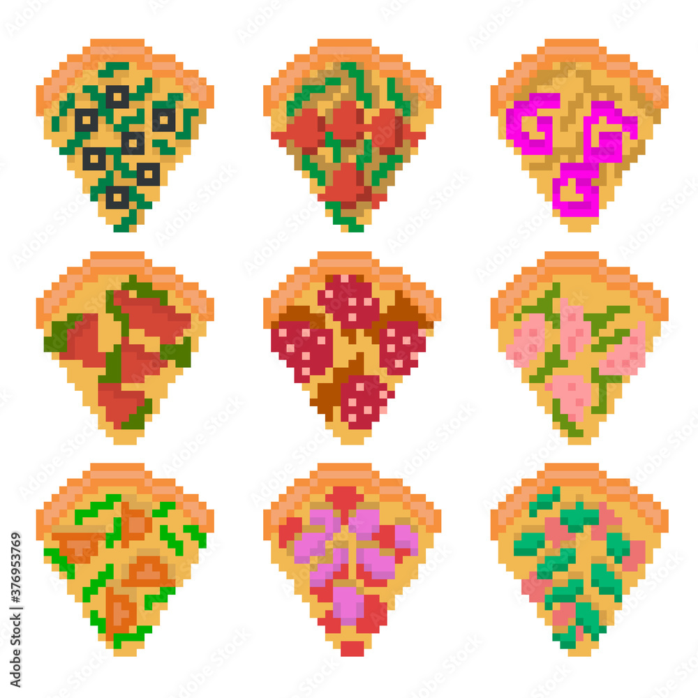 A set of nine pixel images of pizza, different fillings of cheese ...