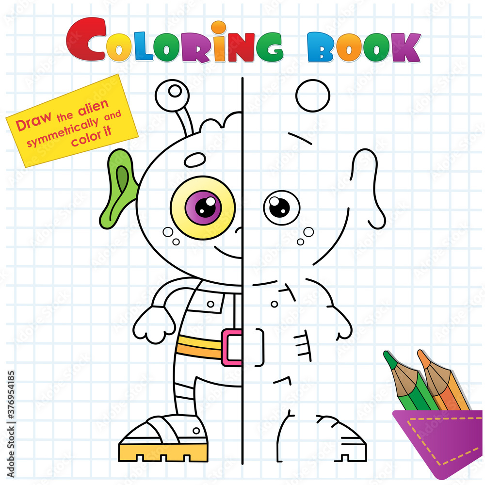 Draw symmetrically. Coloring Page Outline Of Cartoon little alien ...