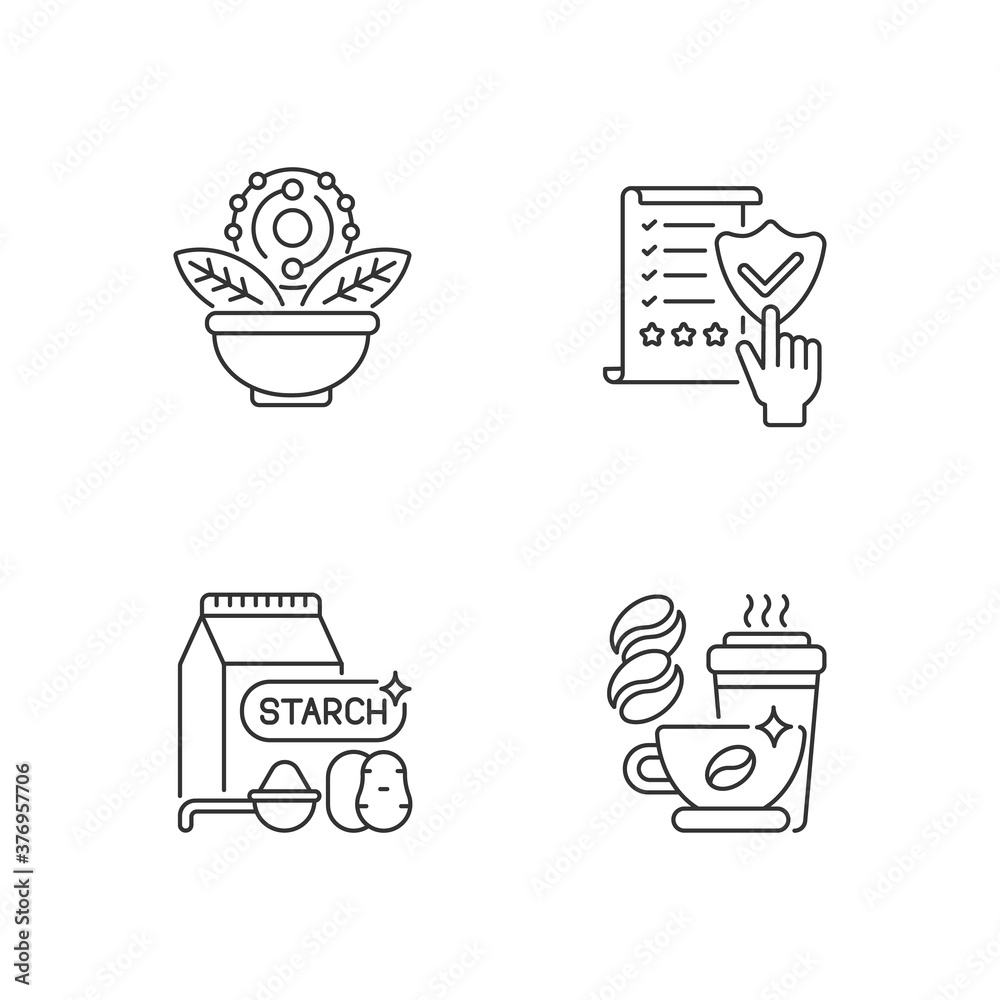 Diet linear icons set. Regulatory compliance. Caffeine in drink. Starch ...