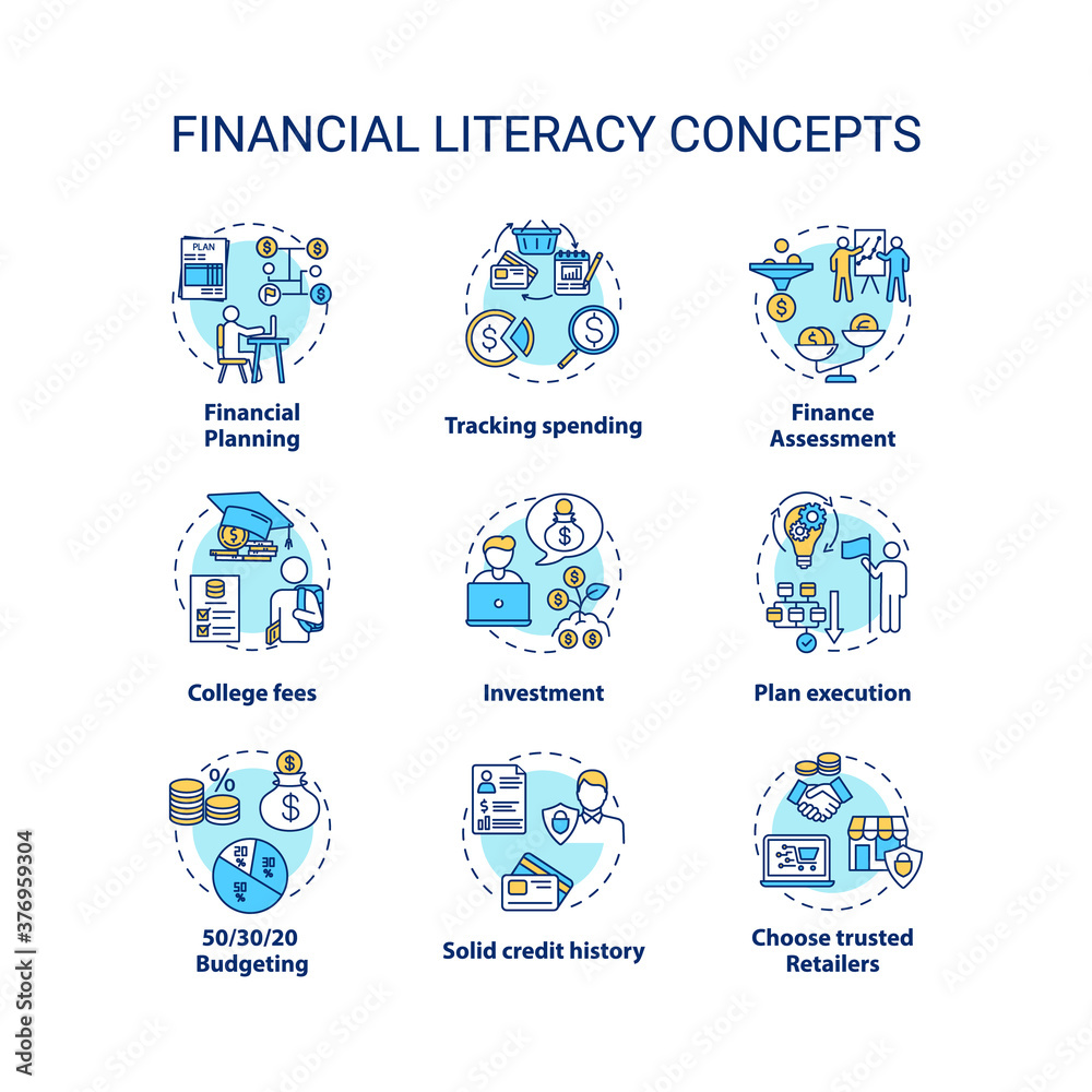 Financial literacy concept icons set. Financial planning process. Best ...
