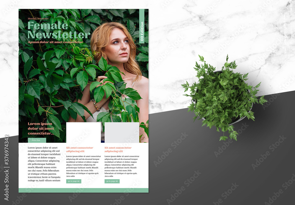 Female Newsletter with Light Green and Pink Accents Stock Template ...