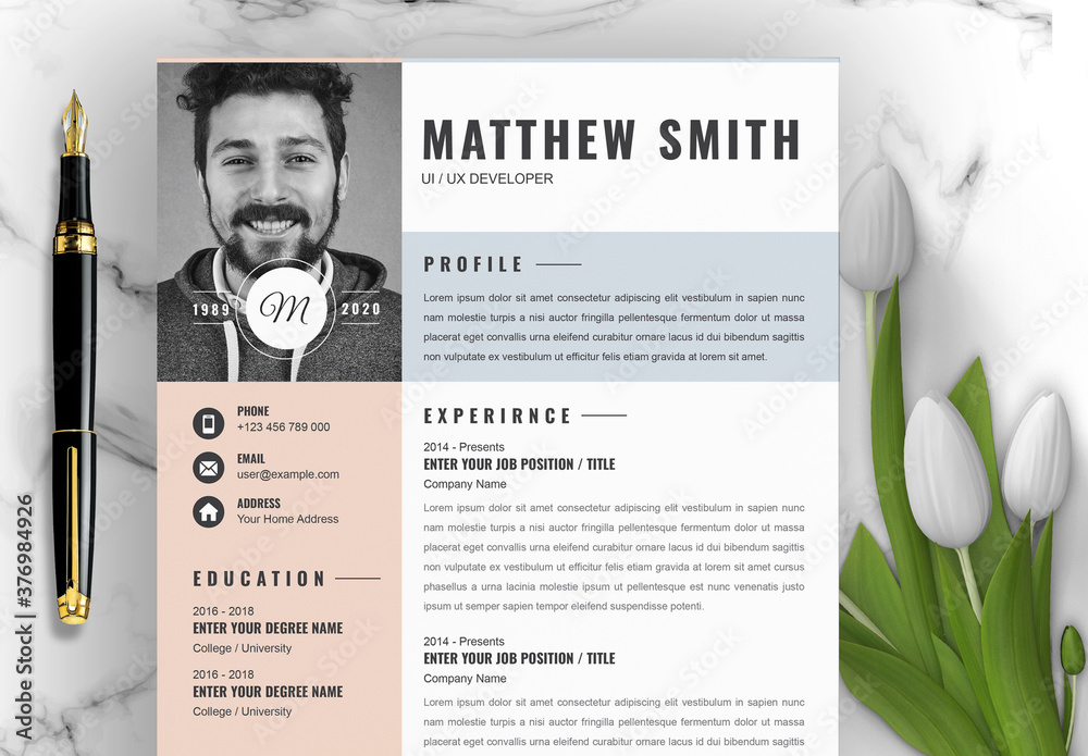 Professional Resume with Phtoo Placeholder Stock Template | Adobe Stock