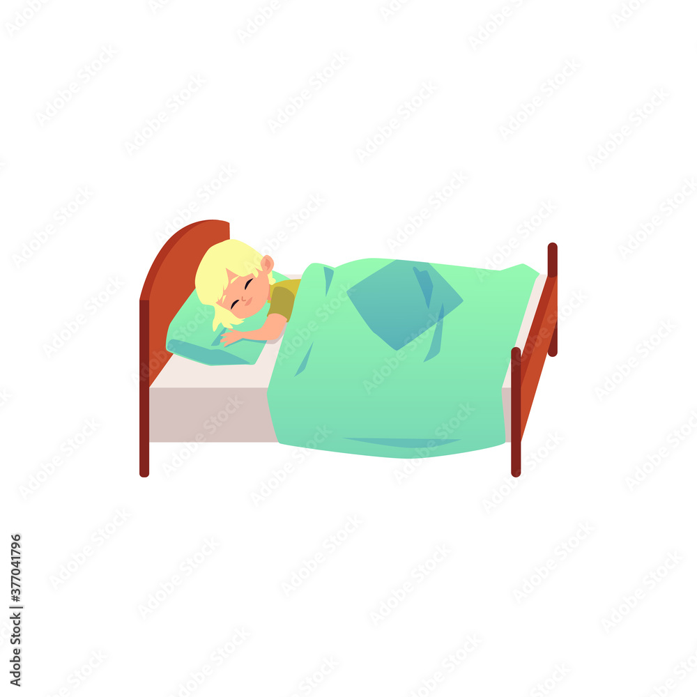 Cute child cartoon character sleeping in bed flat vector illustration ...
