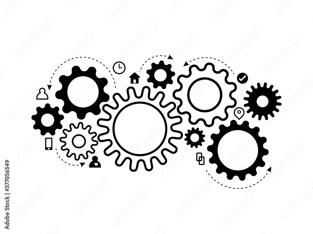 Black and white connected wheel gears and icons for strategy,network ...
