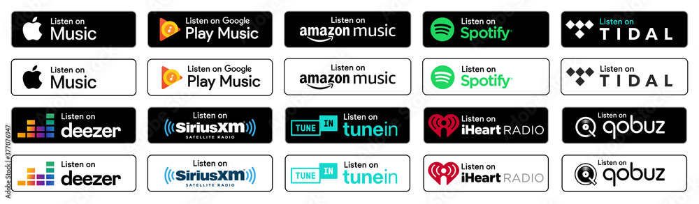 Popular Music streaming service listen on badges set. Flat design ...