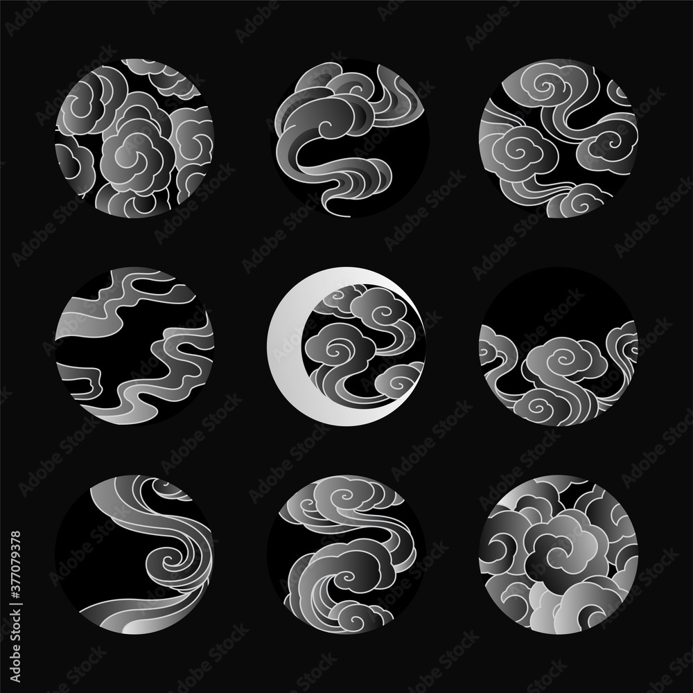 Abstract Chinese Cloud Vector Line Art Illustration In Circle Round