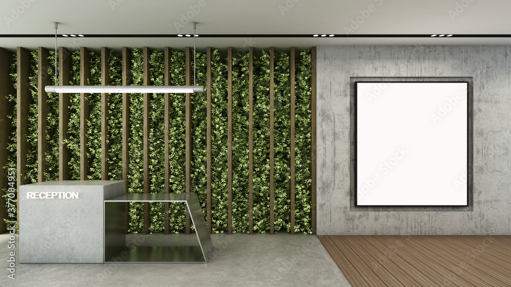 Reception shop design Modern & Loft Concrete metal counter ,Green wall ...