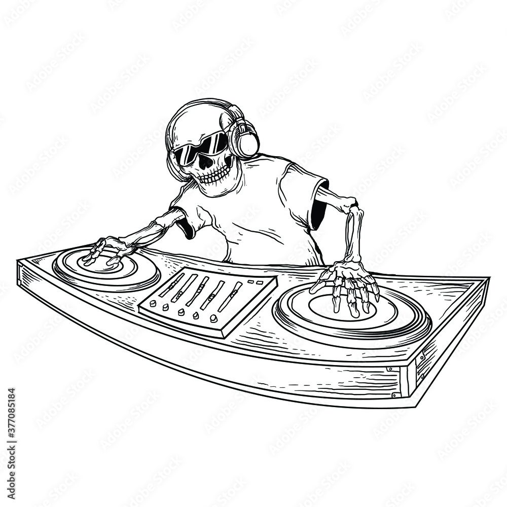 tattoo and t-shirt design black and white hand drawn skeleton dj ...