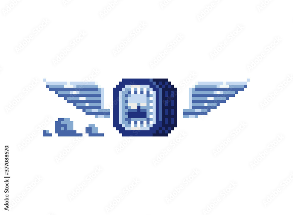 Car race. Emblem wheel with wings pixel art icon. Auto racing and rally ...