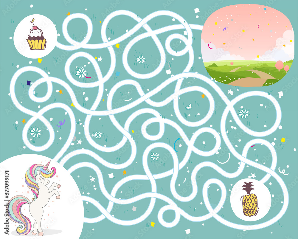 Maze game for kindergarten children. Help the unicorn get to the fairy ...