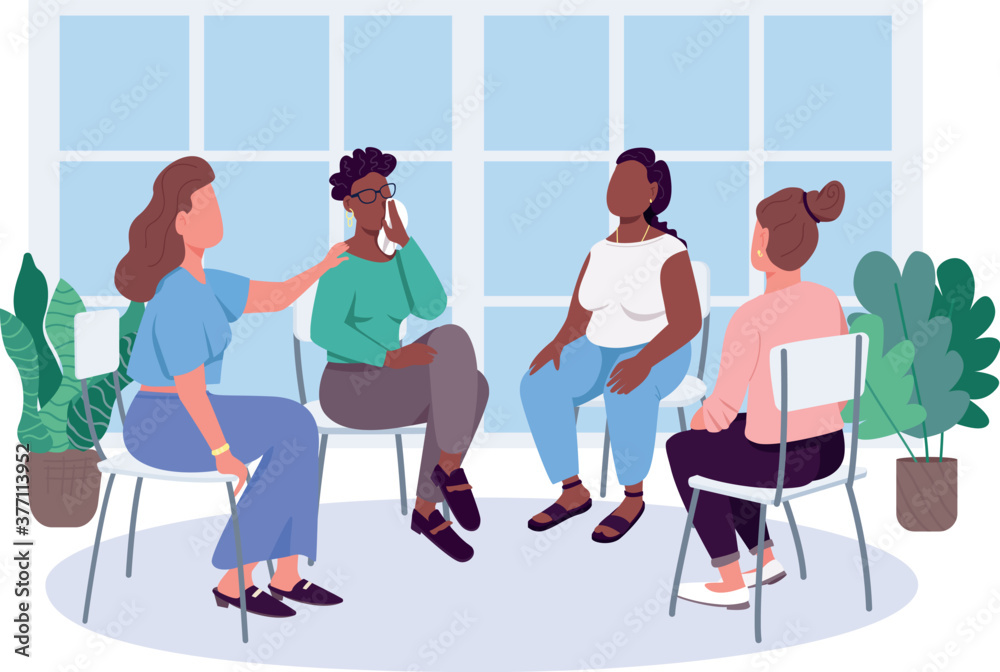 Women social support group flat color vector faceless characters ...