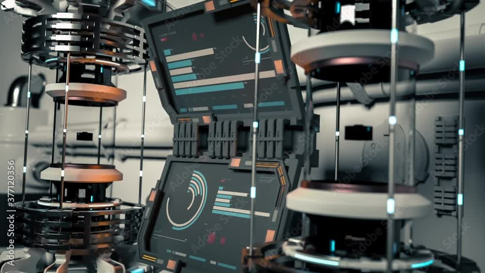 Realistic generic laboratory equipment and screens displaying animated ...