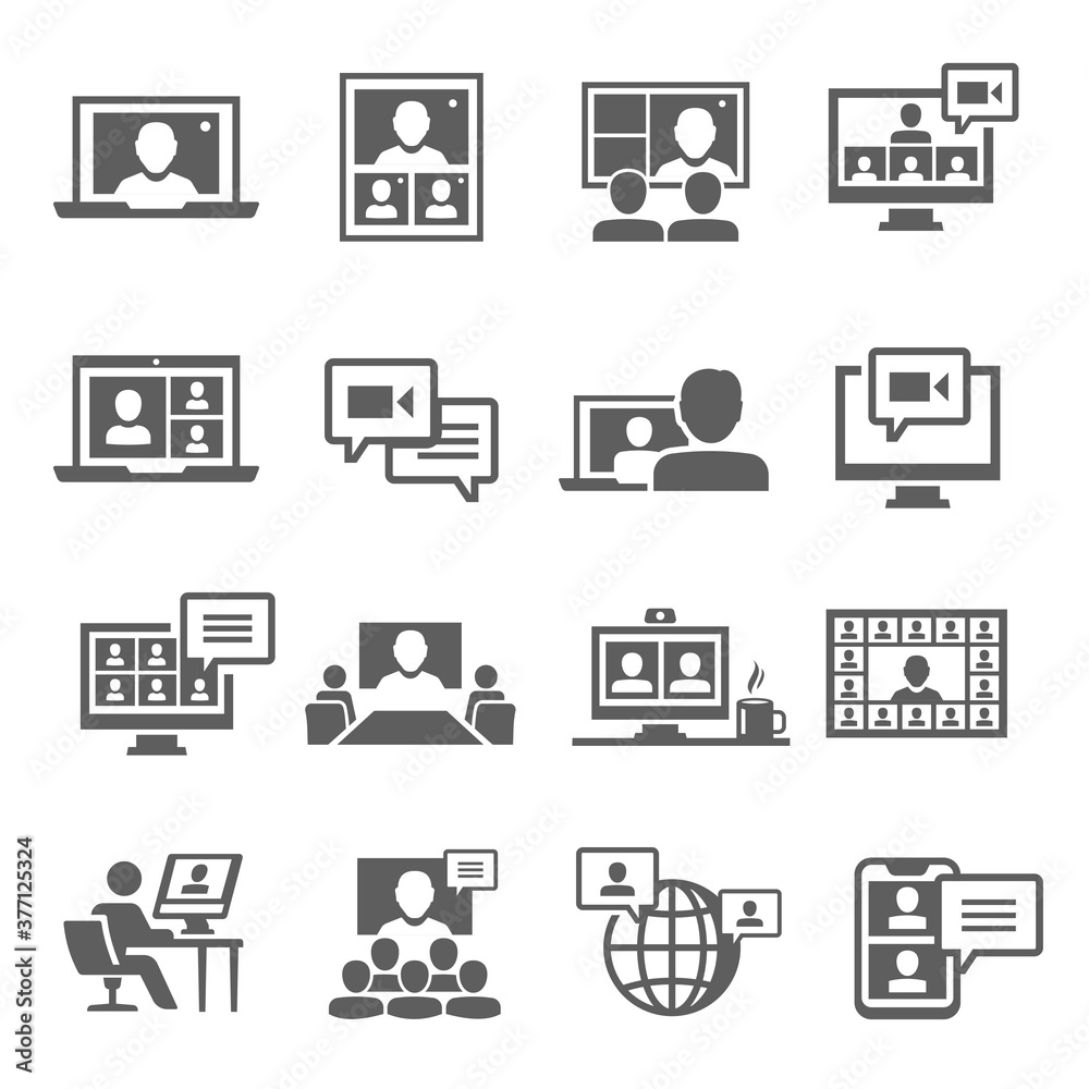 Online meeting, communication bold black silhouette icons set isolated ...