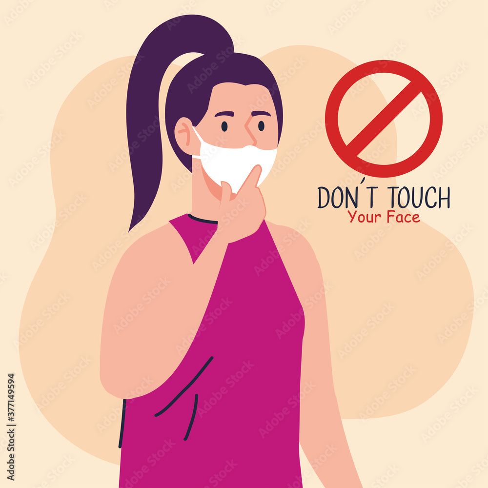 do not touch your face, young woman wearing face mask, avoid touching ...