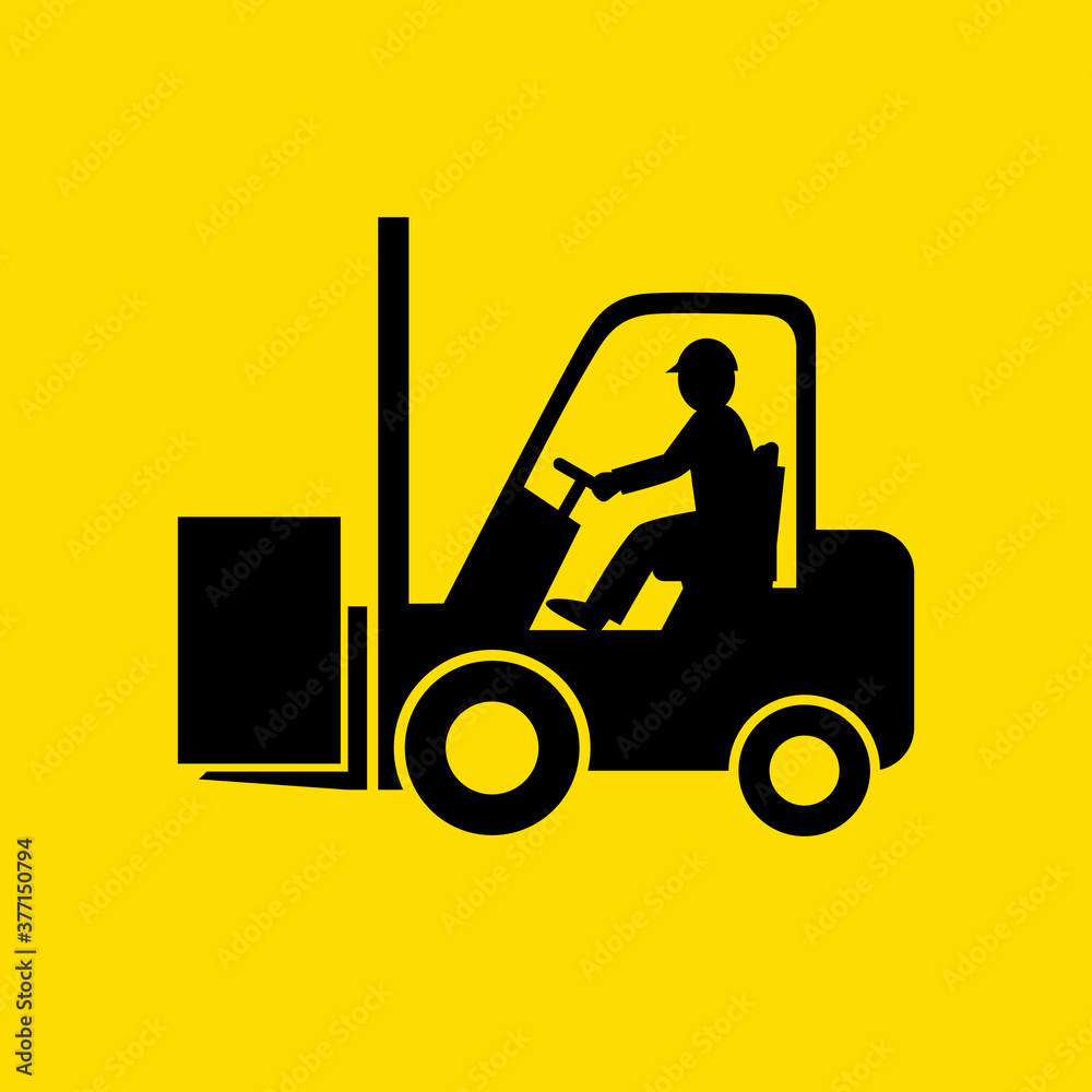 Vecteur Stock Black forklift truck vector icon on yellow background ...