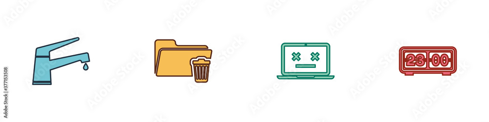 Set Water tap, Delete folder, Dead laptop and Retro flip clock icon. Vector. Stock Vector ...