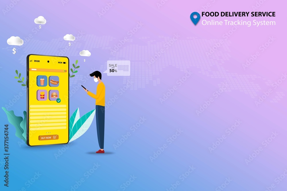 Concept of online fast food delivery service, young man hold a ...