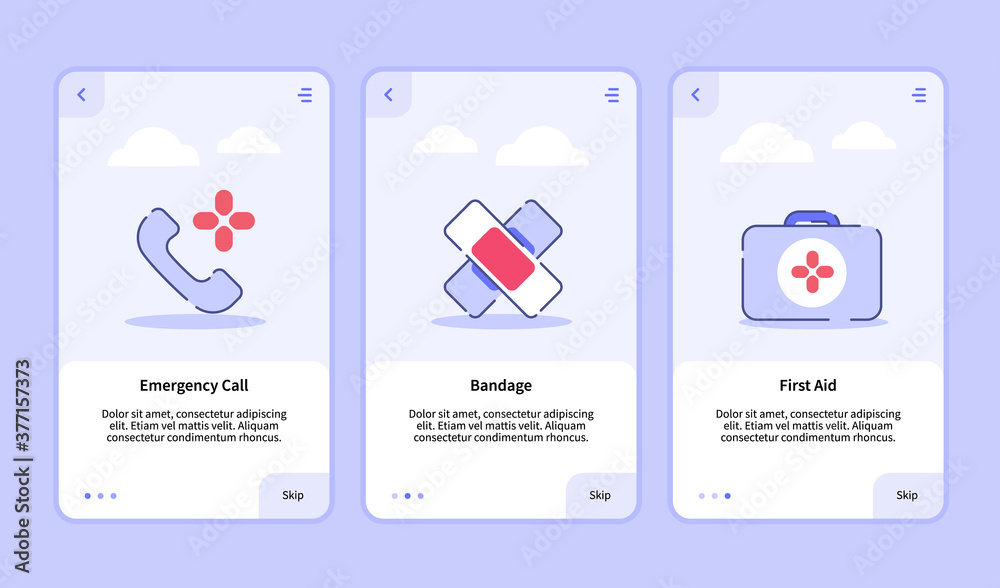 Medical icon emergency call bandage first aid onboarding screen for ...