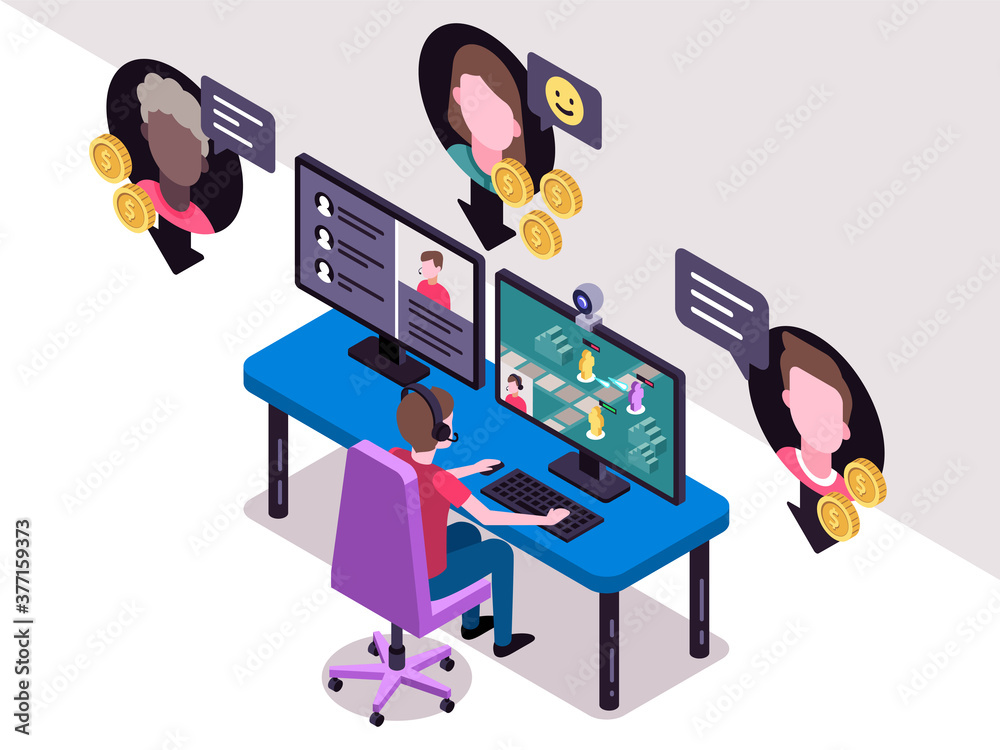 Isometric vector illustration of a streamer playing a video game Stock ...