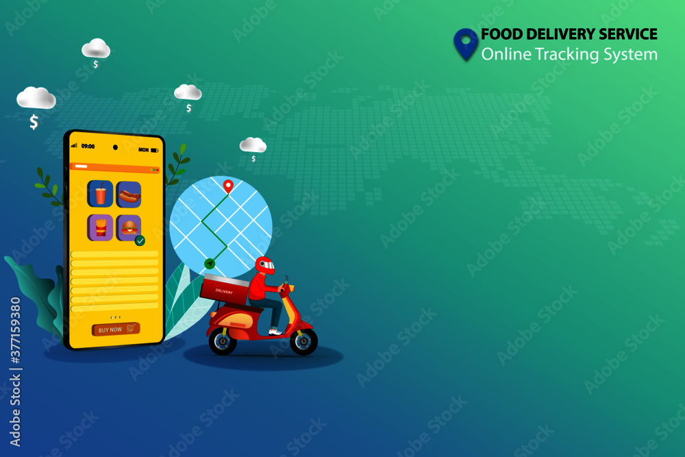 Concept of food delivery services, scooter man is preparing to deliver ...